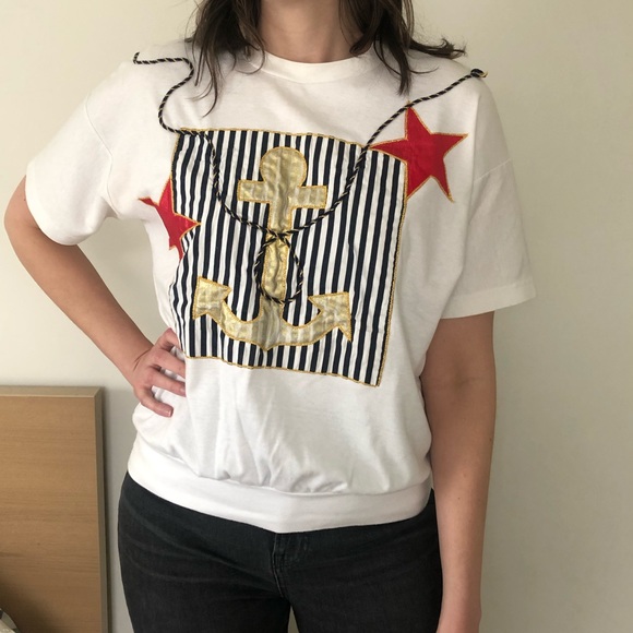 Vintage | Sweaters | Vintage Sweater Shirt Nautical Anchor White Blouse ...